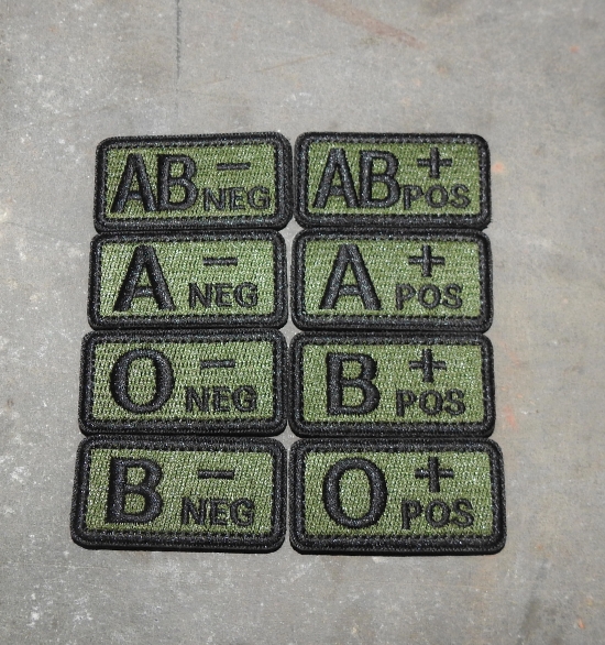 Recognizable Blood Type Patches with Velcro in Tactical Green