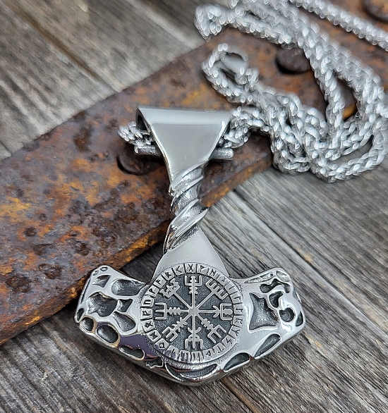 Thor’s Hammer with Vegvisir – Stainless Steel Pendant